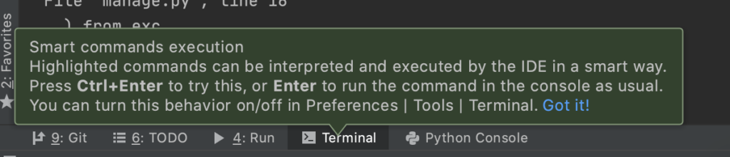 Pycharmで出てくるSmart commands executionがうっとおしいので無効化した